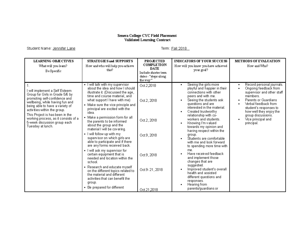 Learning Contract - CYC347 - Seneca College CYC Field Placement ...