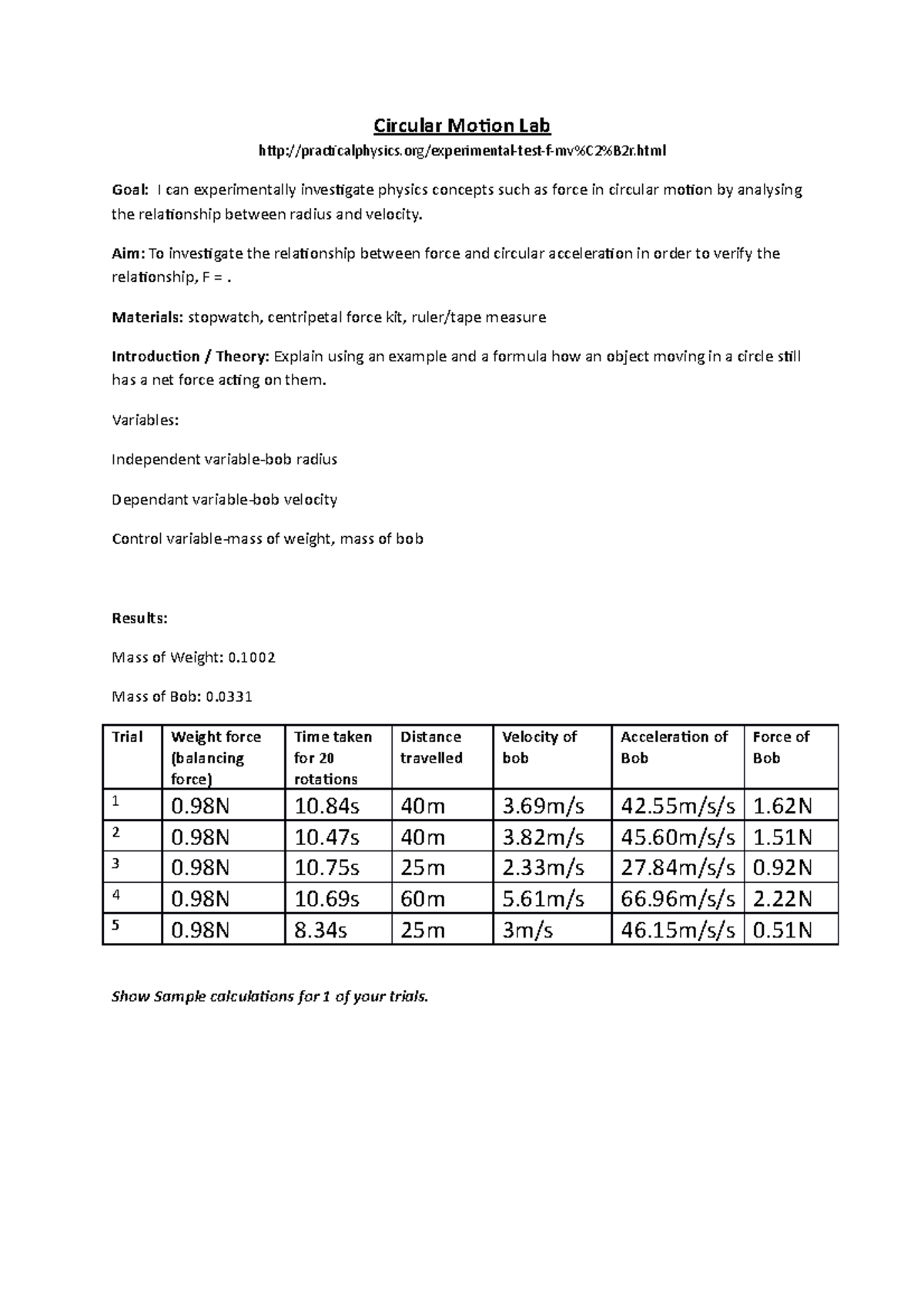 Circular Motion Lab 2023 - Circular Motion Lab practicalphysics ...