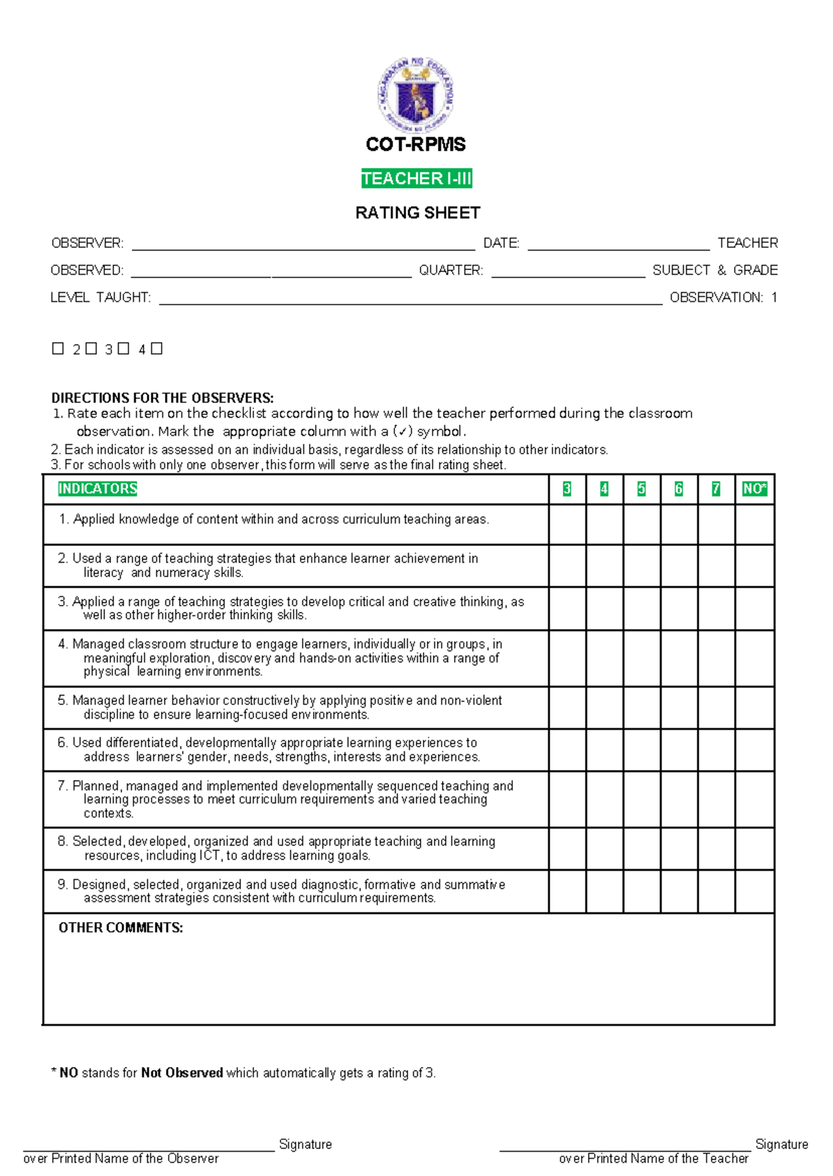 COT RPMS Rating Sheet for T I III for SY 2022 2023 - COT-RPMS TEACHER I ...