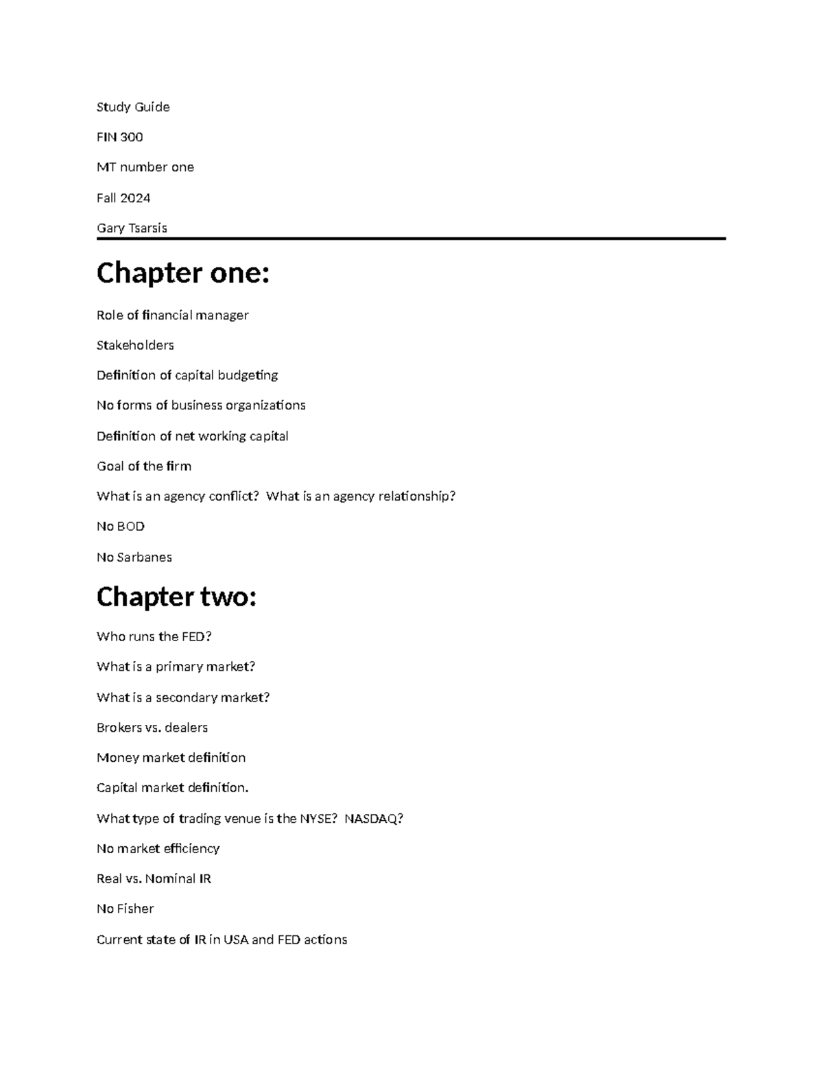 FIN 300 MT Number one Study Guide Fall 2024 Tsarsis - Study Guide FIN ...