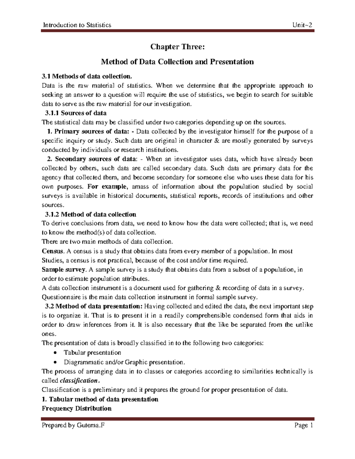 Stat Ch 3 Lec Note C For Education Purpose Chapter Three Method Of