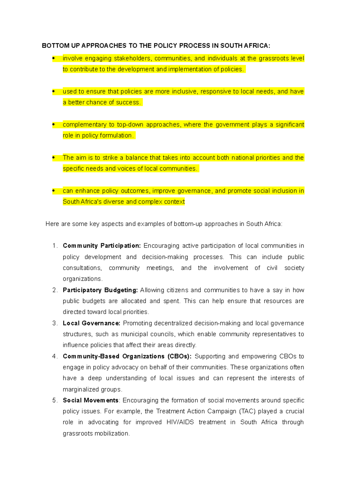 Bottom UP Approaches TO THE Policy Process IN South Africa - BOTTOM UP ...