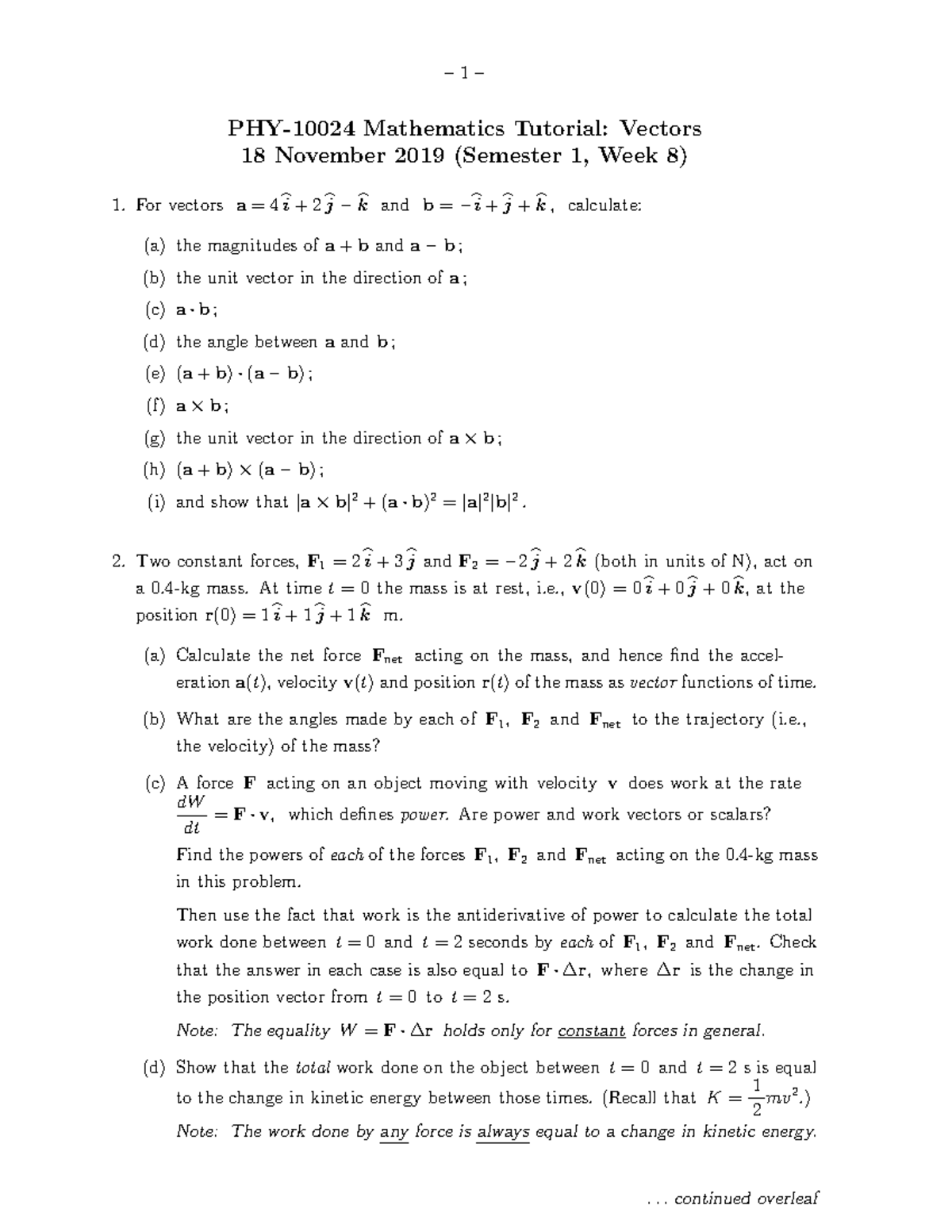 Semester 1 Tutorial 7 2019 - – 1 – PHY-10024 Mathematics Tutorial ...