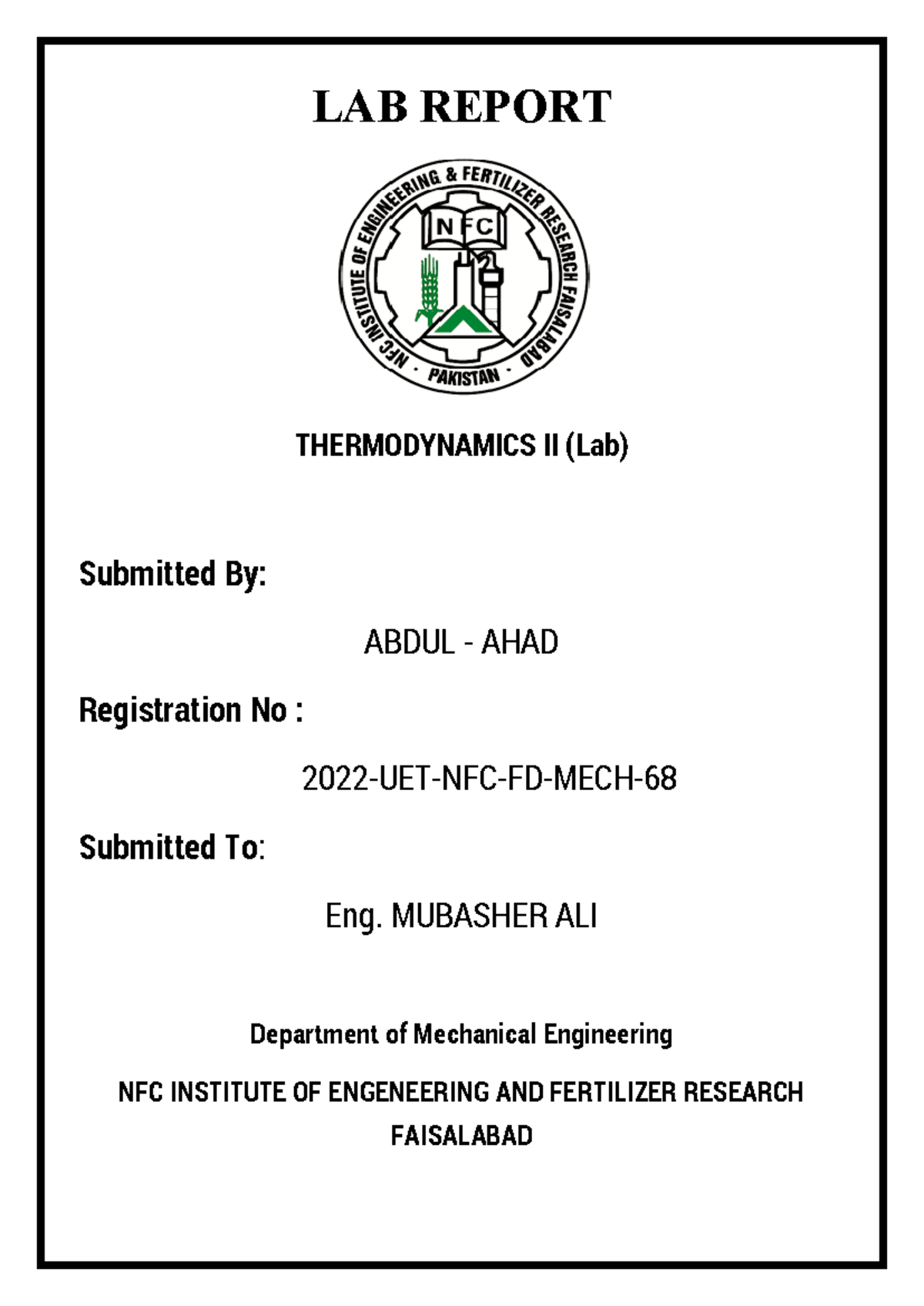Exp 4 thermo 2 exp - LAB REPORT THERMODYNAMICS II (Lab) Submitted By ...