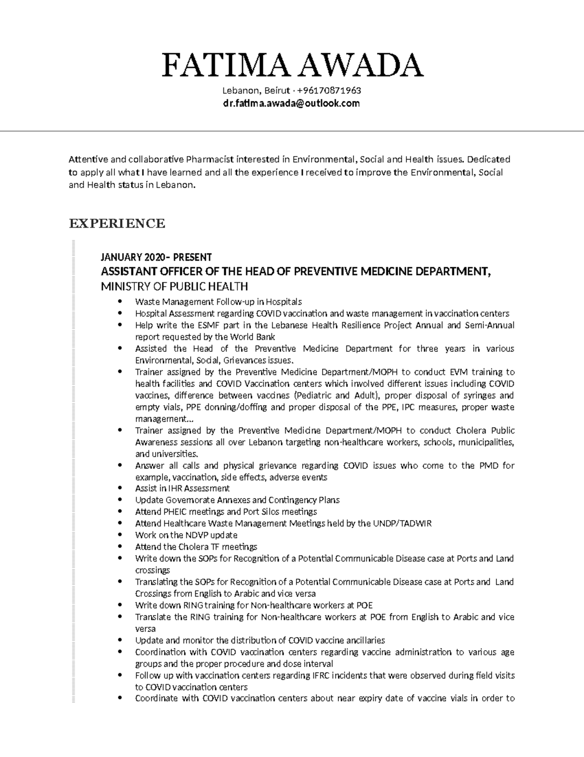 Fatima Awada CV 6-2023 - FATIMA AWADA Lebanon, Beirut · + dr.fatima ...