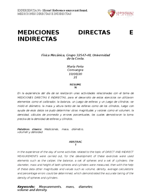 Intorme Laboratorio #1 - Mediciones Directas e Indirectas Laboratorio 1 ...