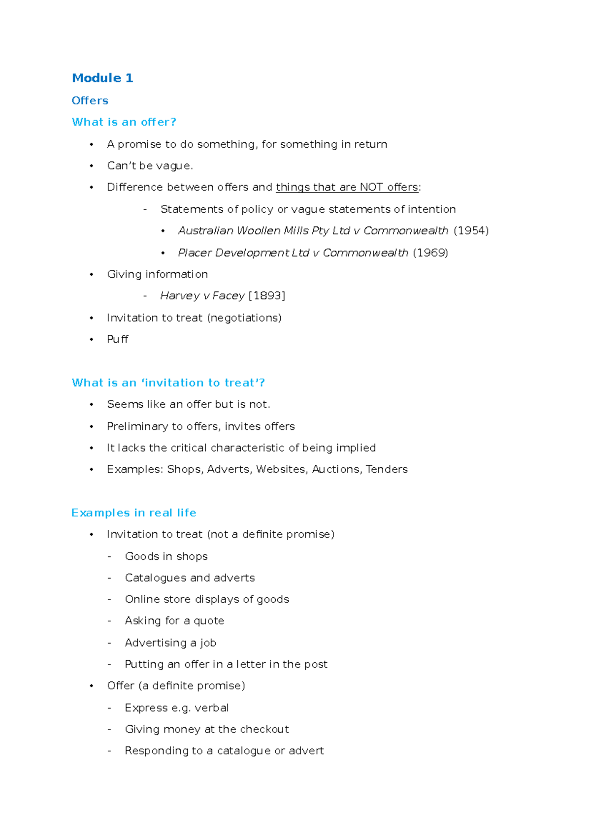 Module 1 - Lecture notes - Module 1 Offers What is an offer? - A ...