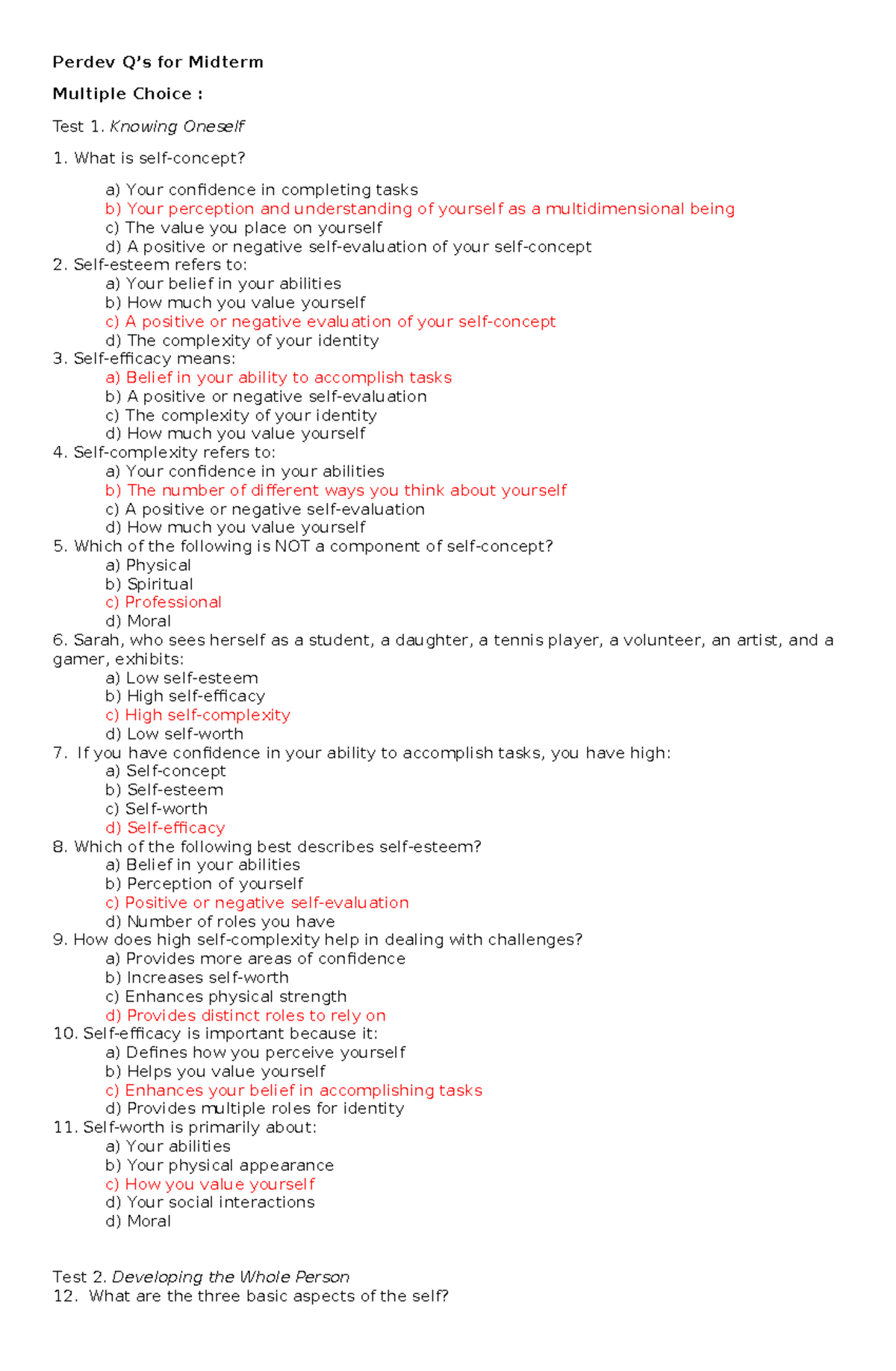 Personal development Test Questions - Perdev Q’s for Midterm Multiple ...
