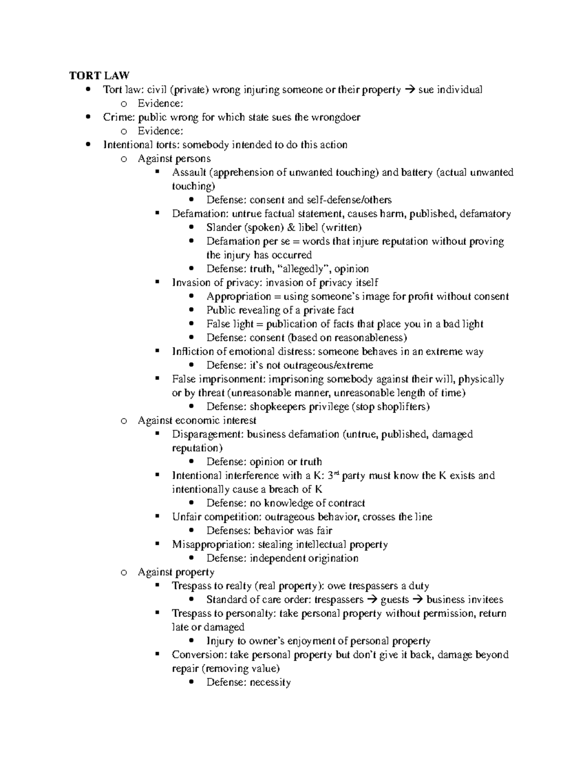 BLAW Short - TORT LAW Tort law: civil (private) wrong injuring someone ...
