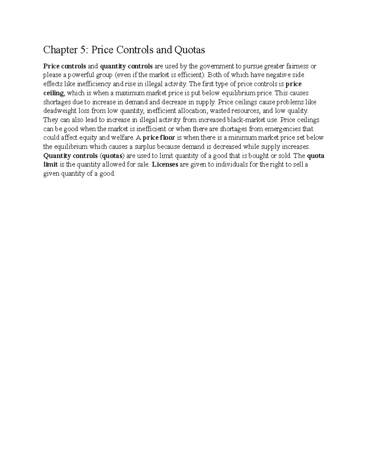 Microeconomics Chapter 5 Summary - Chapter 5: Price Controls and Quotas ...