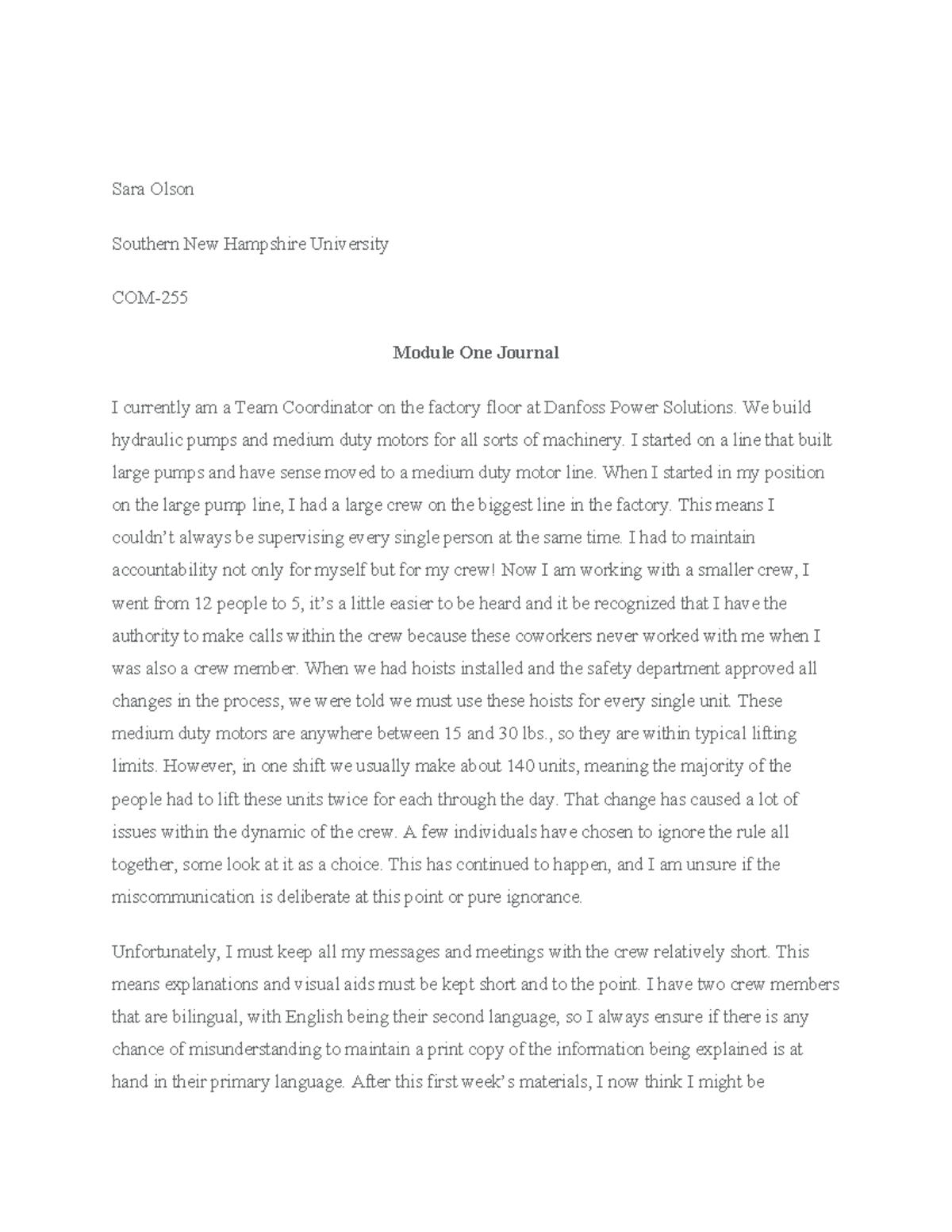 Mod1Journal - coursework - Sara Olson Southern New Hampshire University ...
