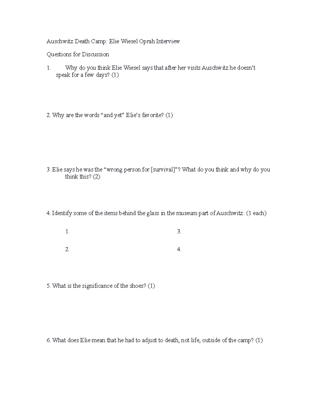 Elie video questions - Auschwitz Death Camp: Elie Wiesel Oprah ...