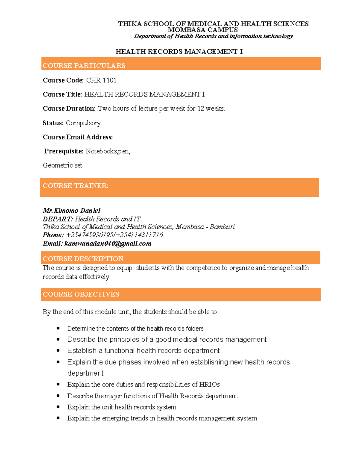 HRM I course outline - past papers and notes - MOMBASA CAMPUS ...