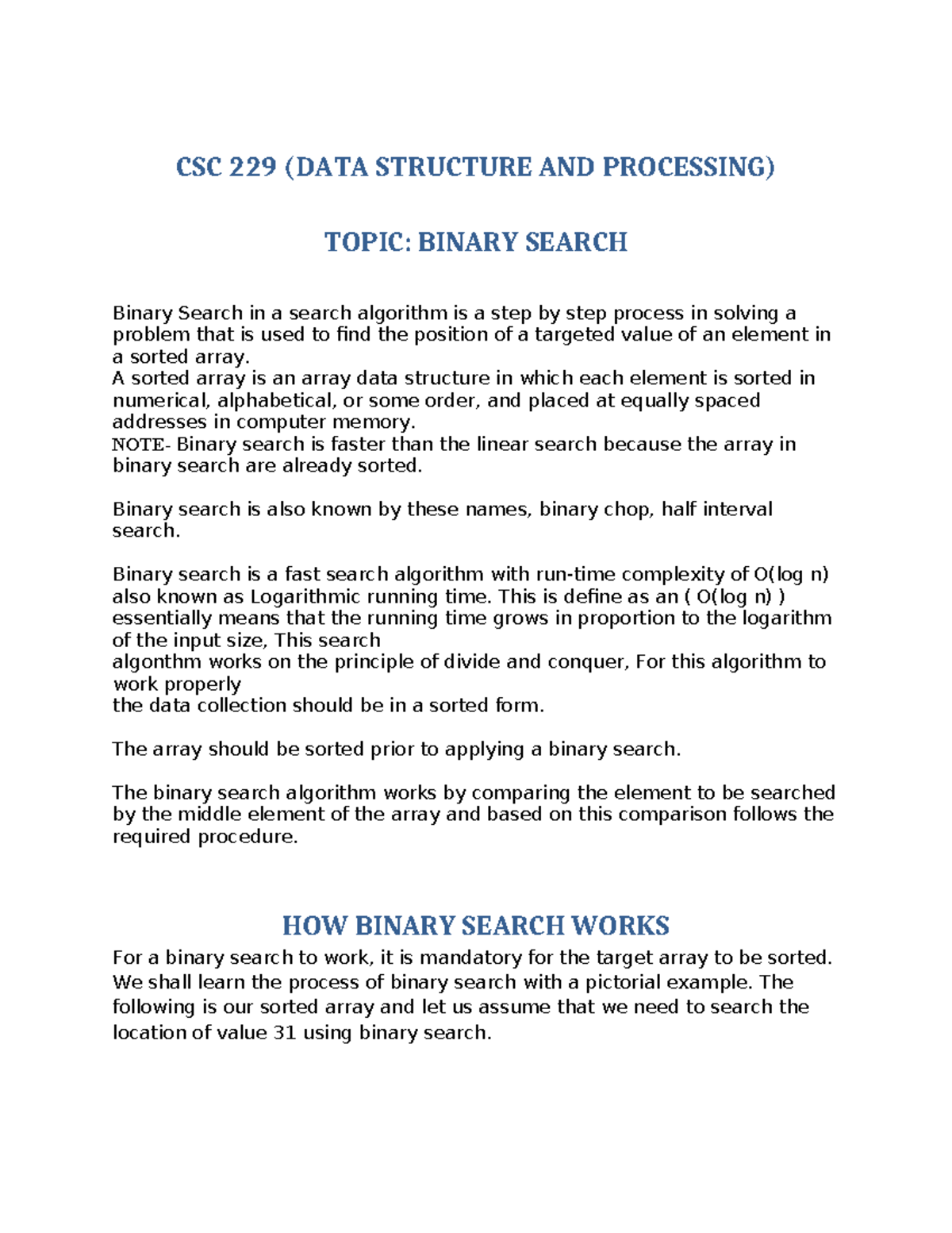 CSC 229 Binary Search - CSC 229 (DATA STRUCTURE AND PROCESSING) TOPIC ...