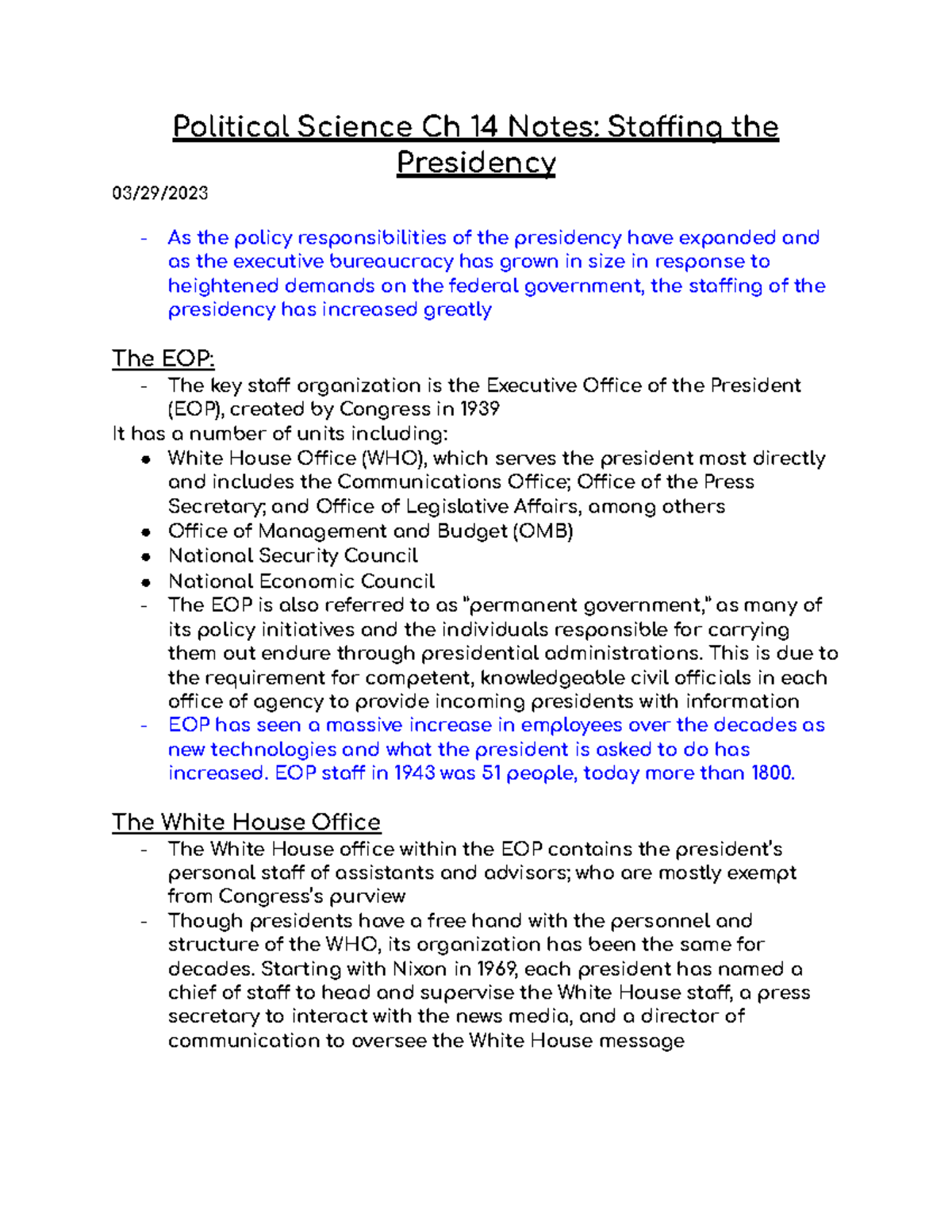Political Science Ch 14 Notes Staffing the Presidency - Political ...