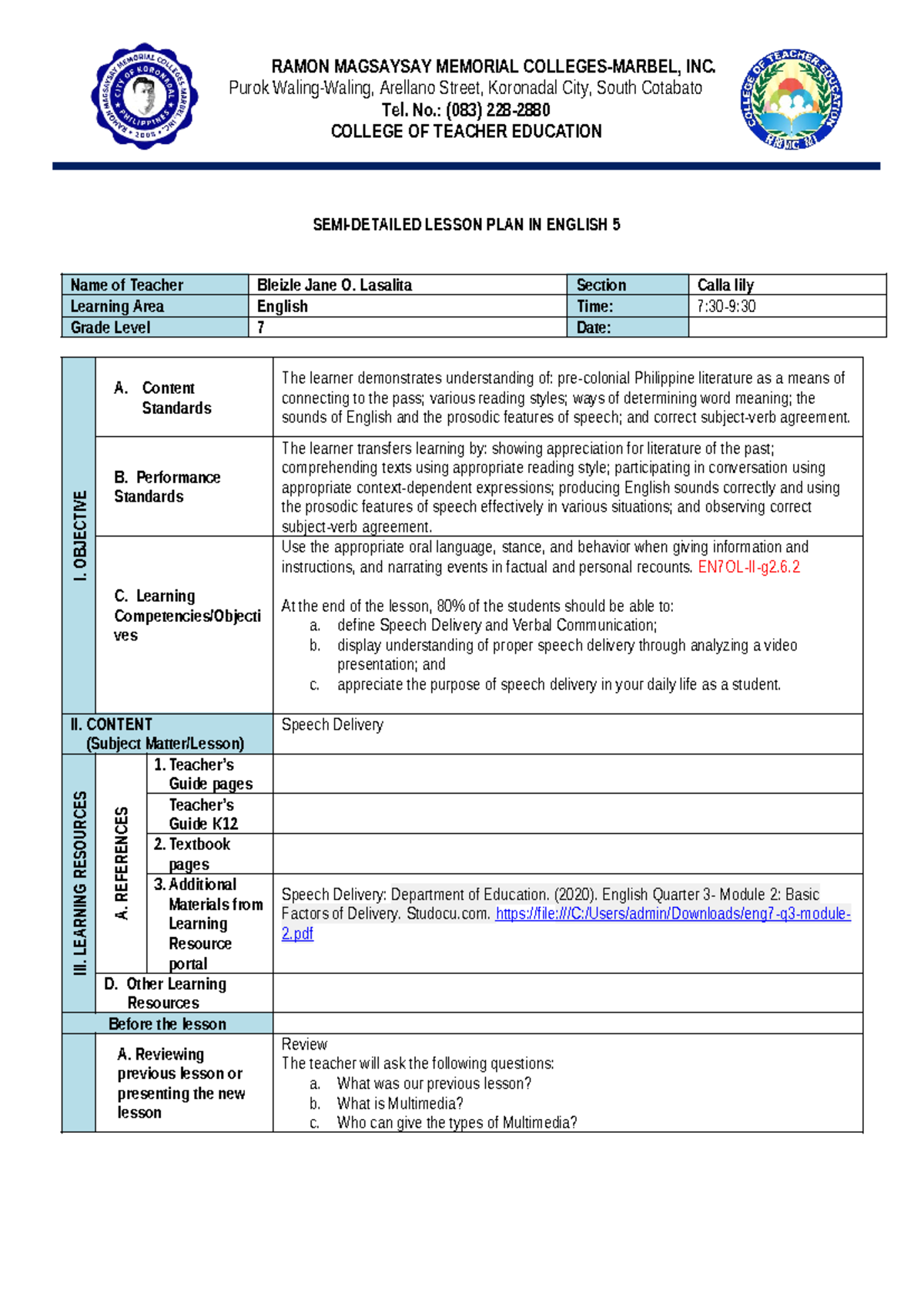 Speech delivery Semi-detailed lesson plan - Purok Waling-Waling ...