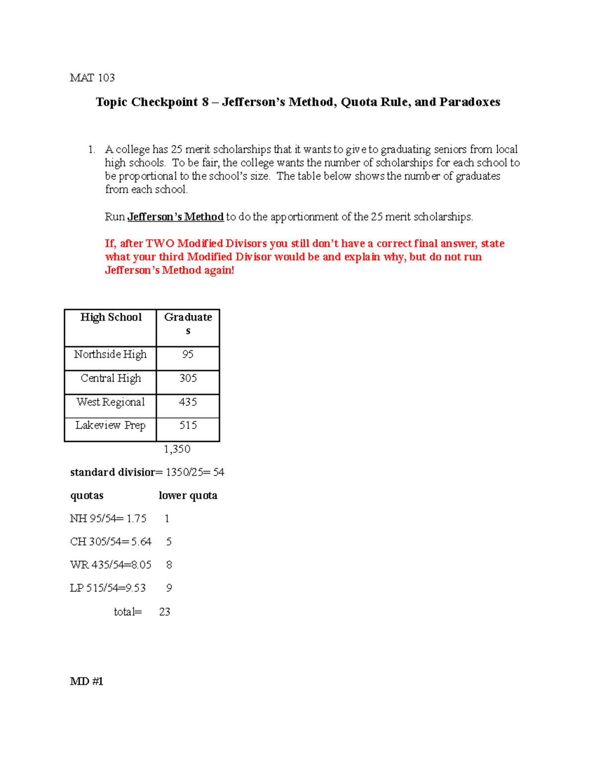 Topic Checkpoint 8 - Jefferson's Method Etc - MAT 103 Topic Checkpoint ...
