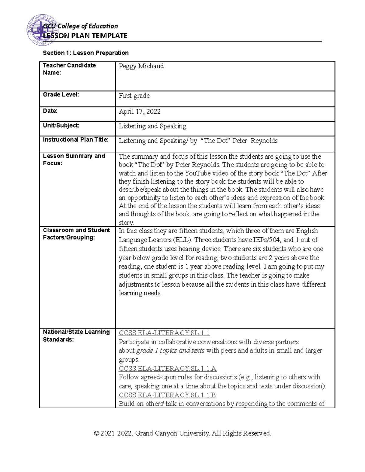 ELM 480 Listening And Speaking Coe Lesson Plan LESSON PLAN TEMPLATE