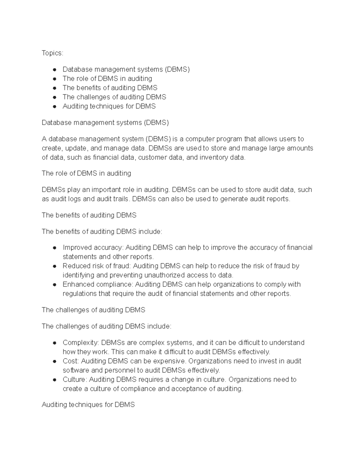 Lecture 14 Auditing Information Systems Auditing Database Management Systems - Topics: Database ...
