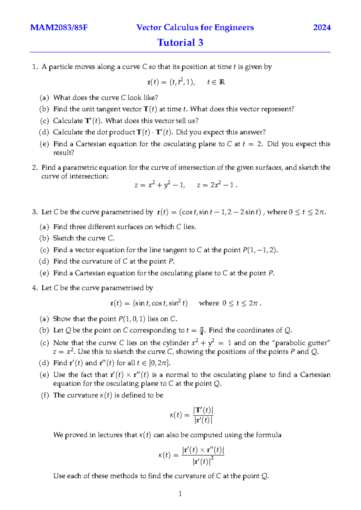 Tut03 MAM2083 85F 2024 - Tut - MAM2083/85F Vector Calculus for Engineers 2024 Tutorial 3 A ...