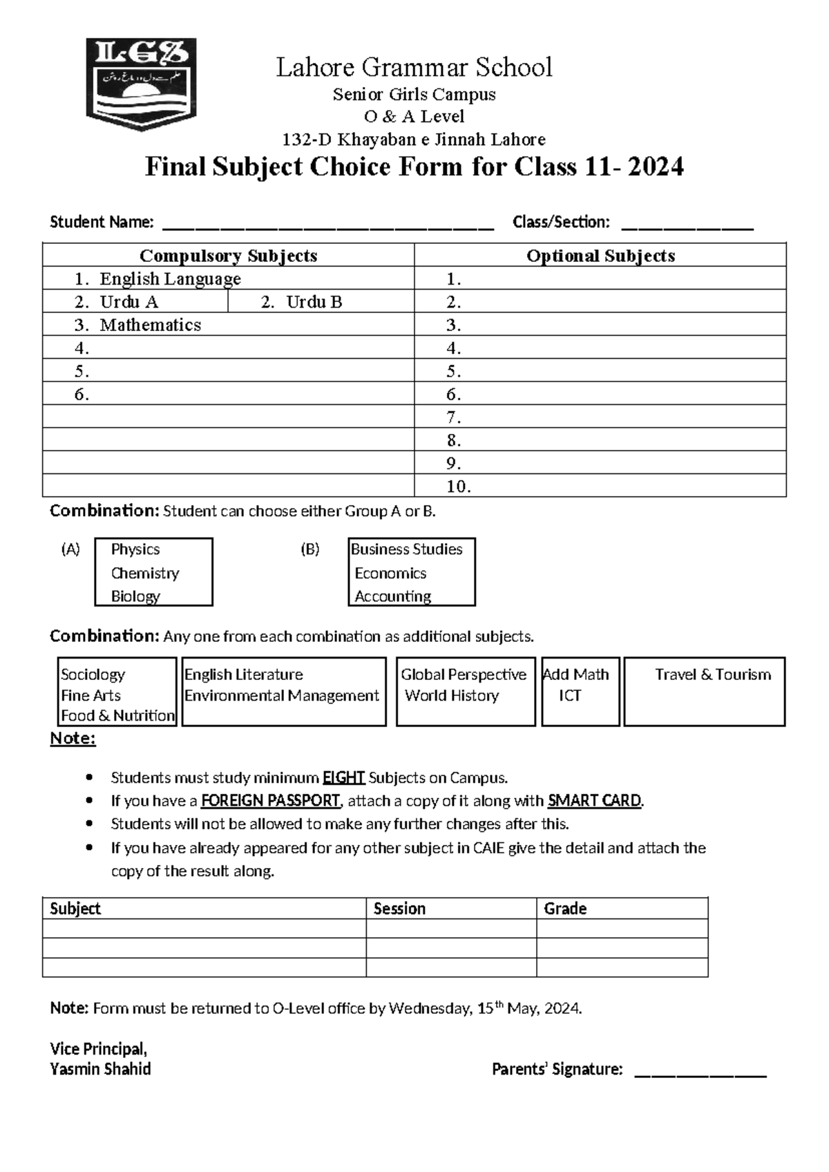 Class 11 final subject choice form - Lahore Grammar School Senior Girls ...