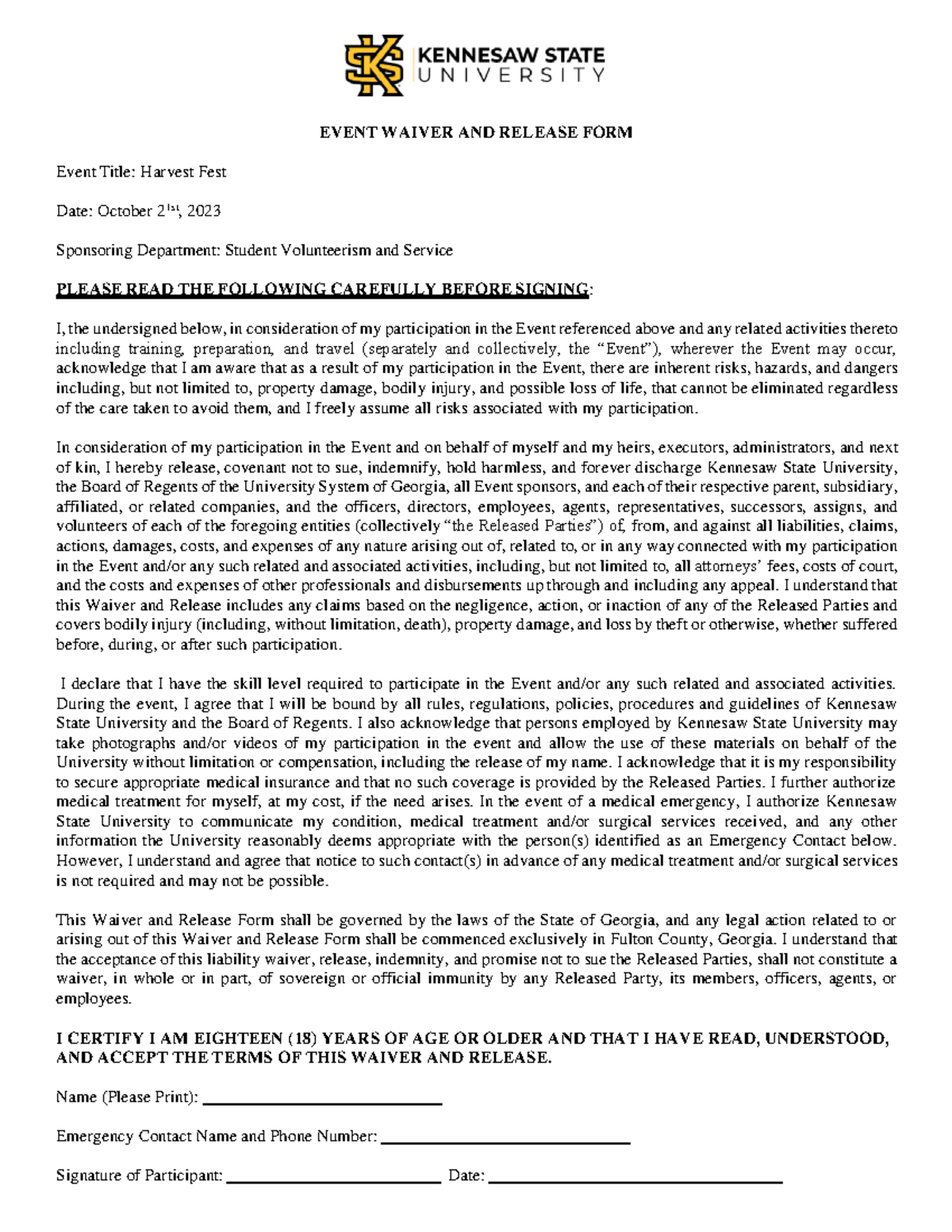 Harvest Fest Waiver - Learning matrerial - EVENT WAIVER AND RELEASE ...