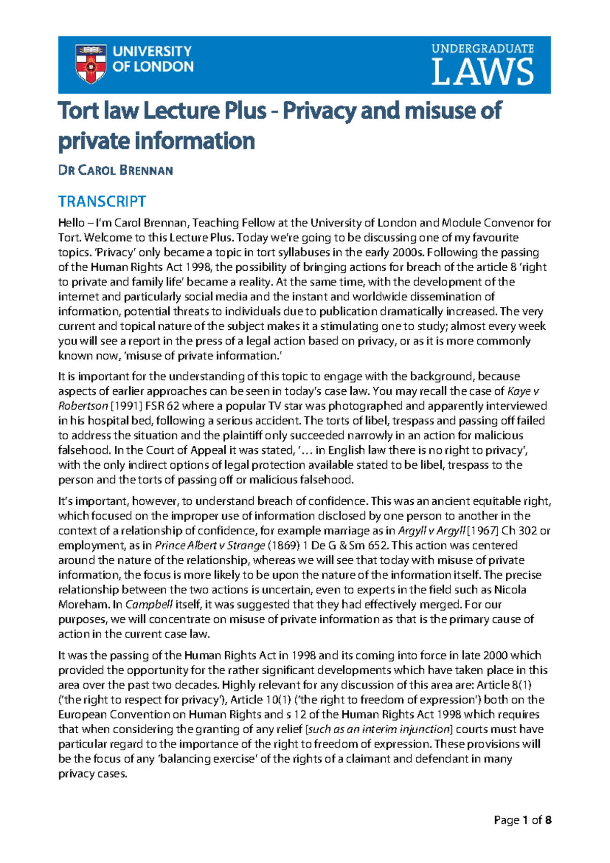 Tort privacy and misuse - TRANSCRIPT Hello – I’m Carol Brennan ...