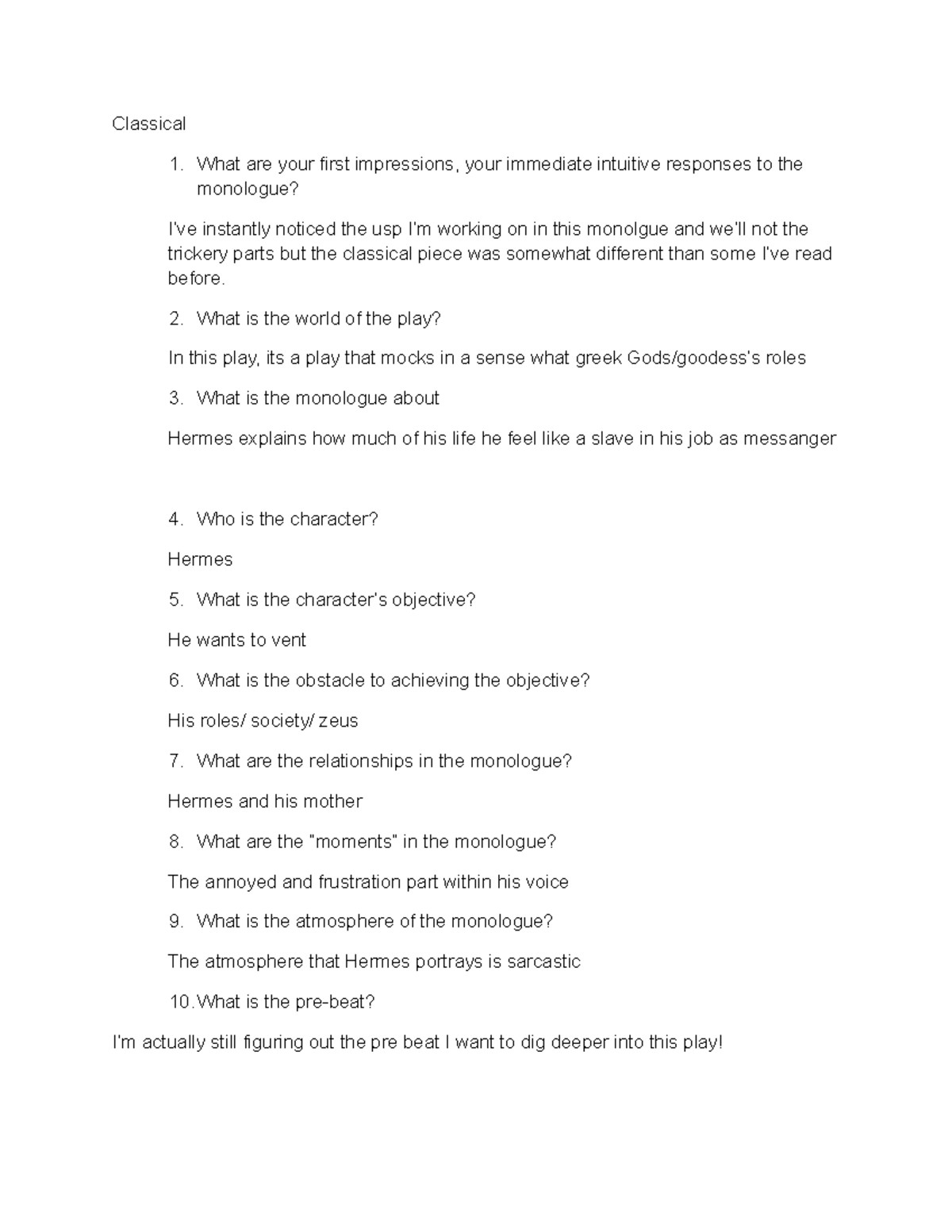 Classic Monologue Actable questions - Classical 1. What are your first ...