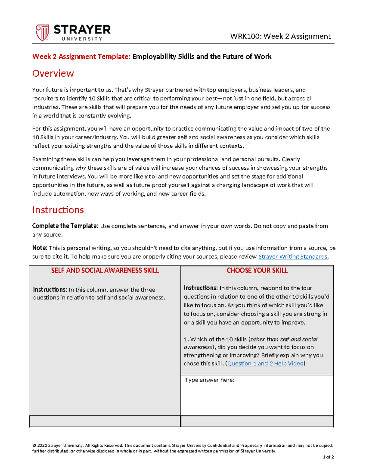 Wk2Aassignment template - WRK100: Week 2 Assignment Week 2 Assignment ...