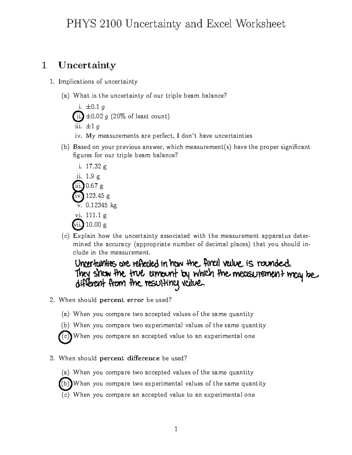 Uncertainty and Excel Worksheet - ± 0. 1 g ii. ± 0. 02 g (20% of least ...