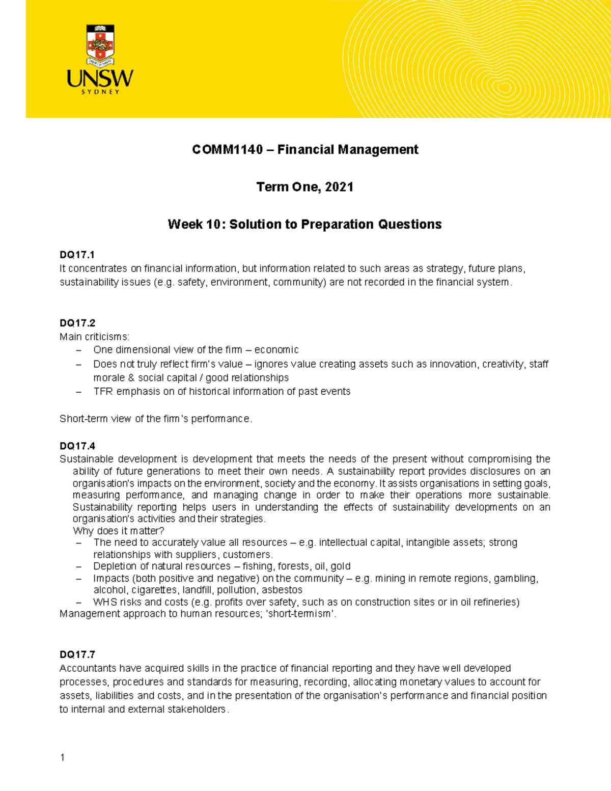 Week 10 - Week 10 - 1 COMM1140 – Financial Management Term One, 2021 Week 10: Solution to - Studocu
