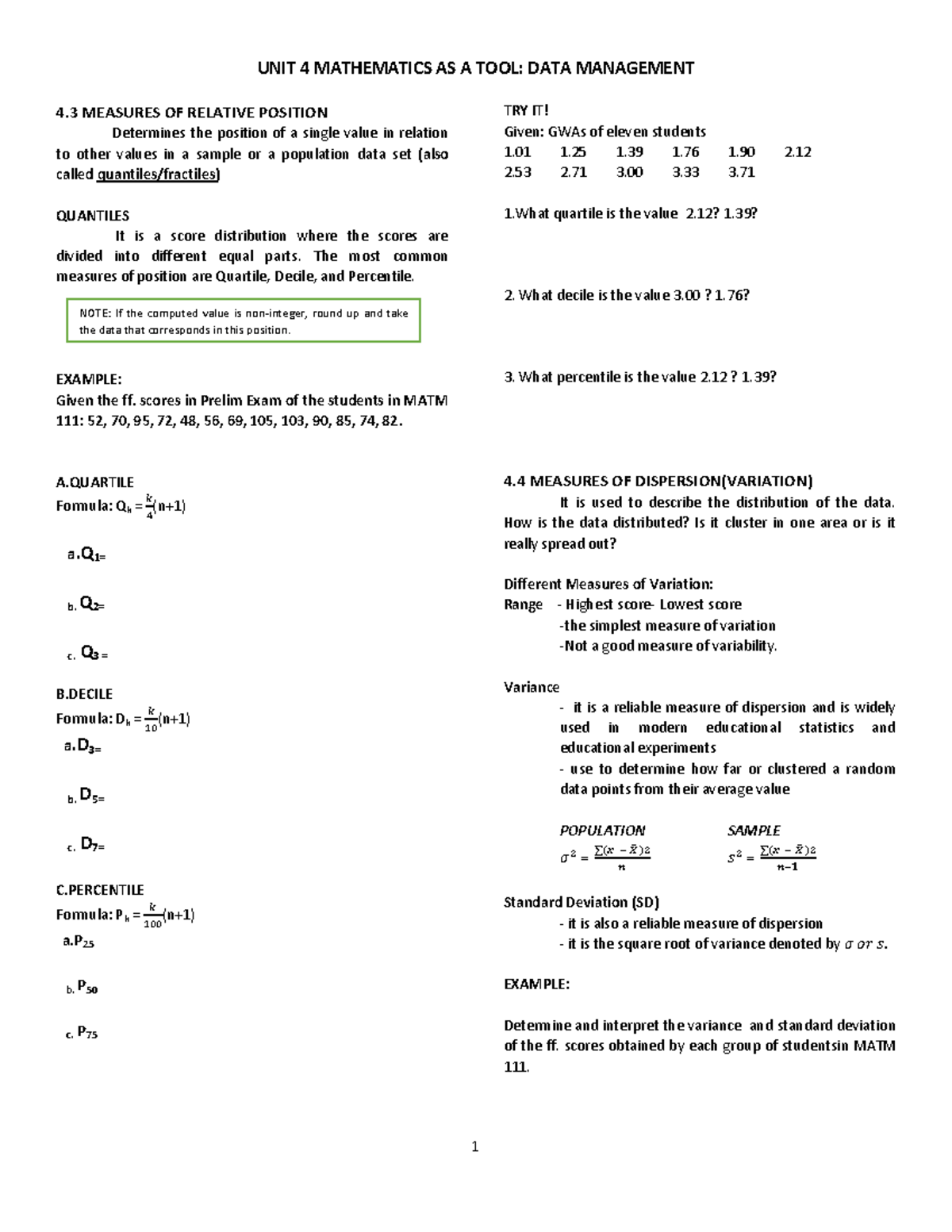 Midterm Handouts Mathematics Warning Tt Undefined Function 32 1 Unit 4 Mathematics As A