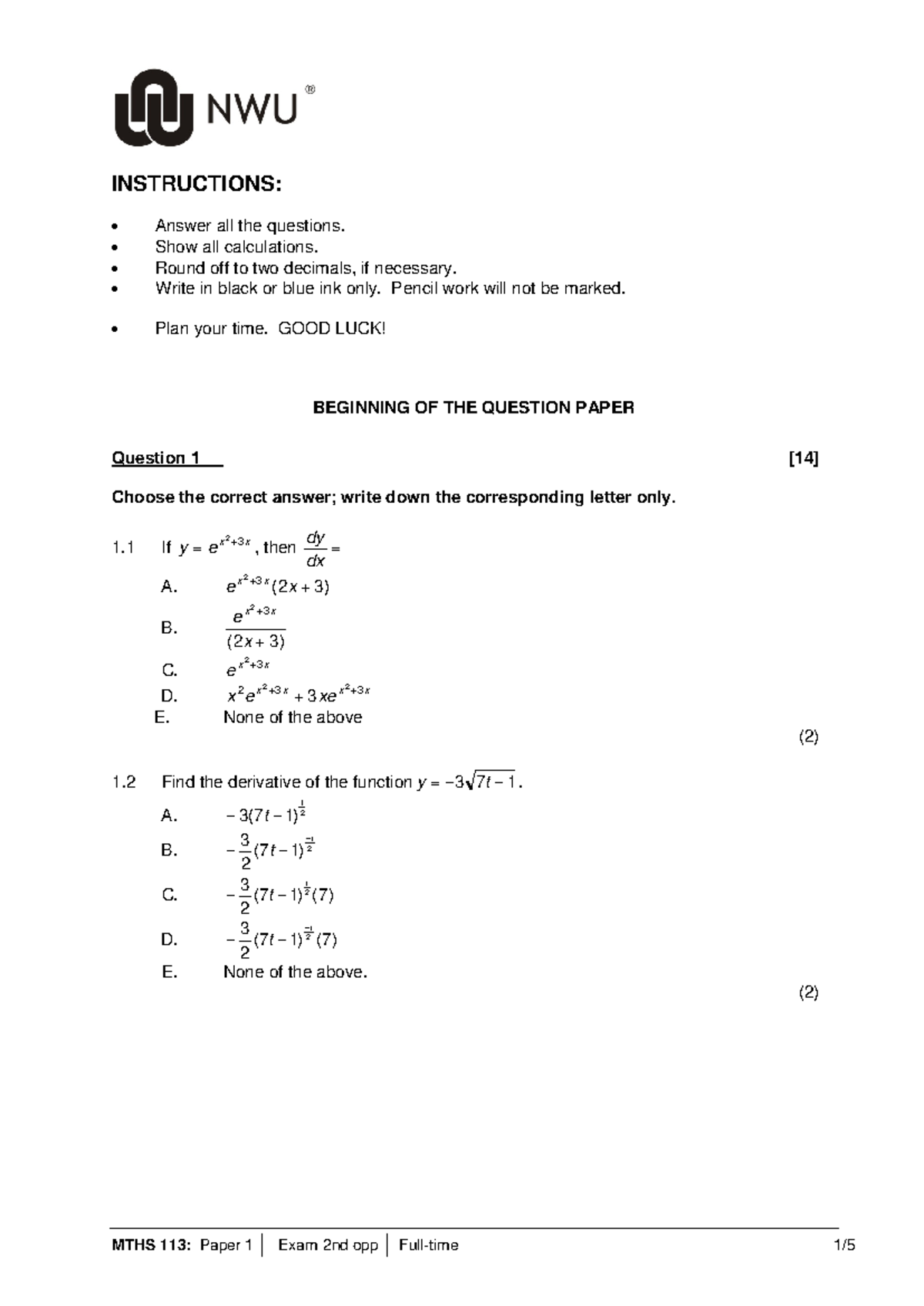 MTHS 113 2021 OPP 2 ENG - Exam - INSTRUCTIONS: Answer all the questions ...