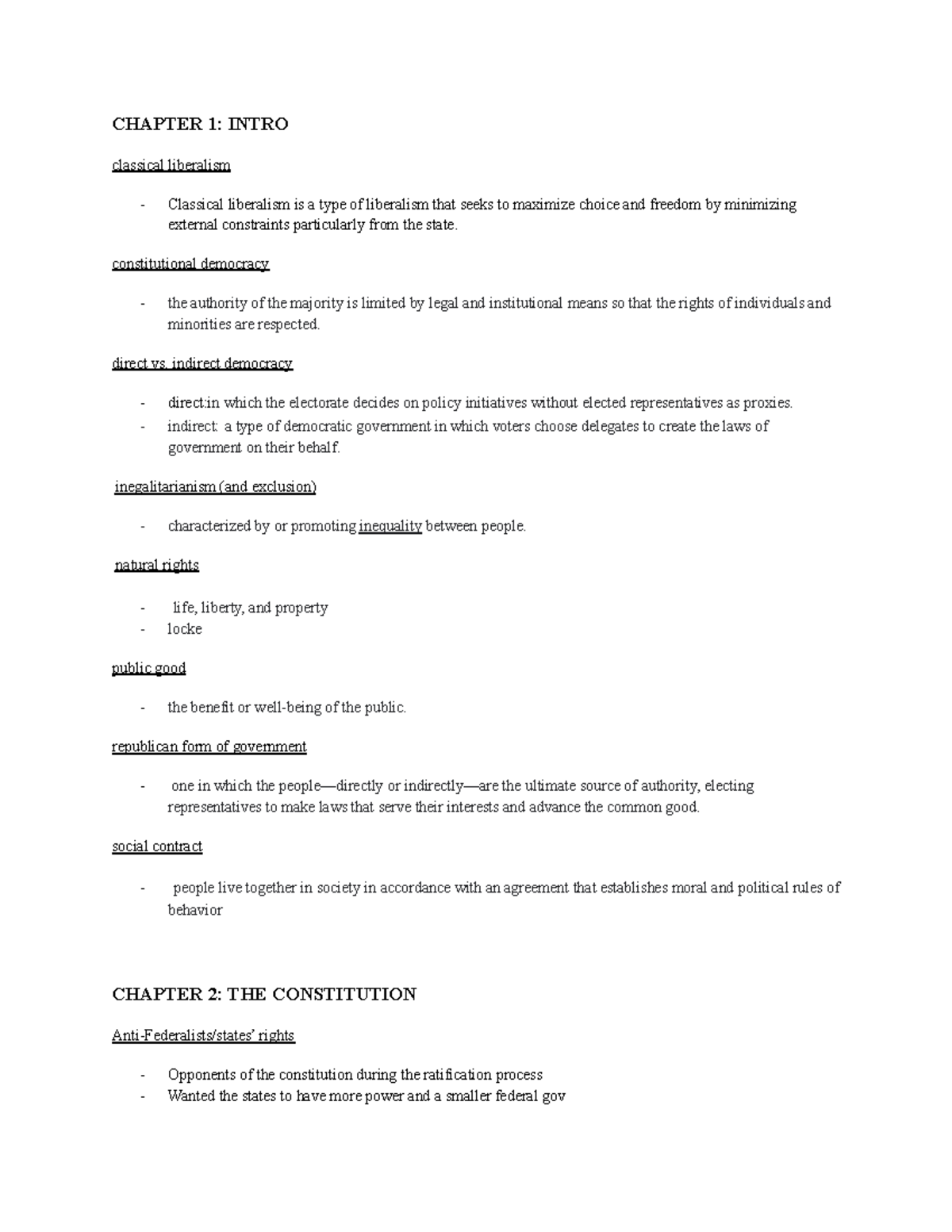 POLI 1 Midterm Study Guide - CHAPTER 1: INTRO classical liberalism ...