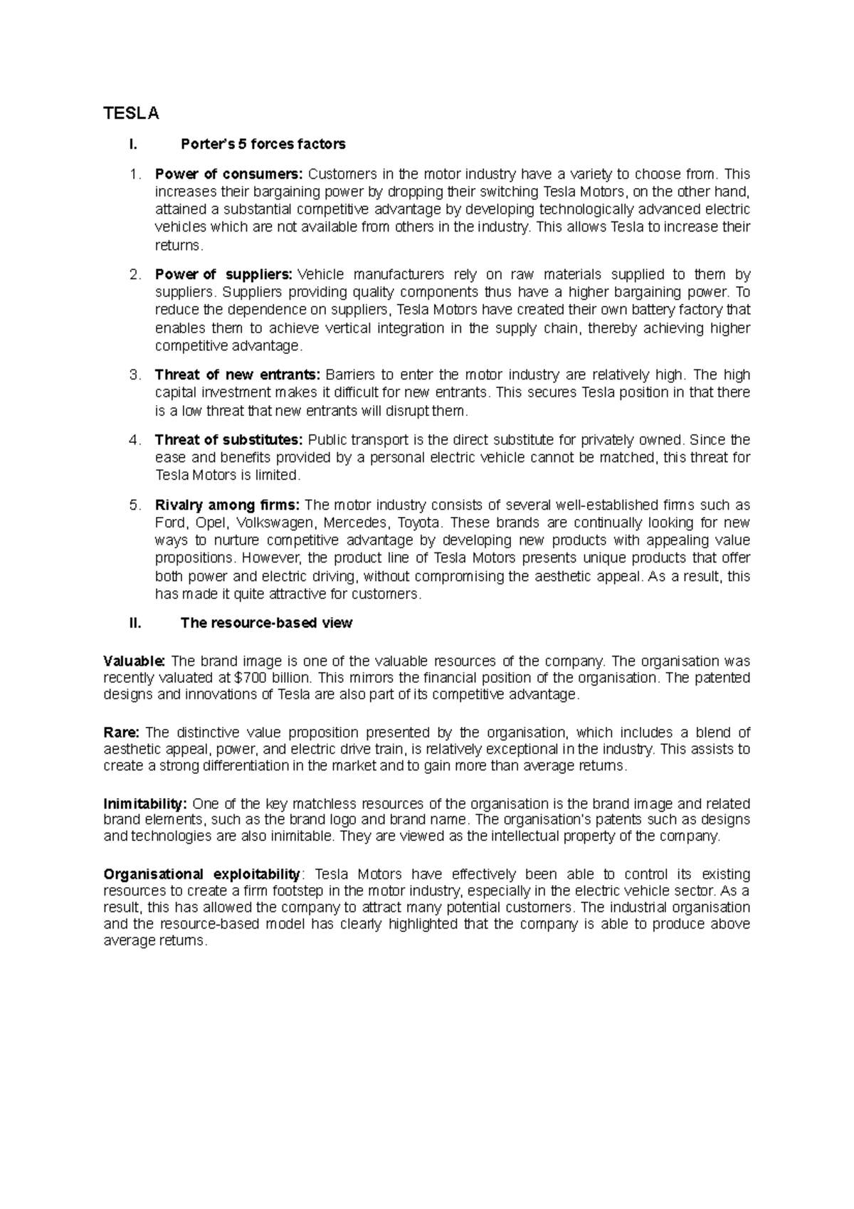 Tesla, Apple case - TESLA I. Porter’s 5 forces factors Power of ...
