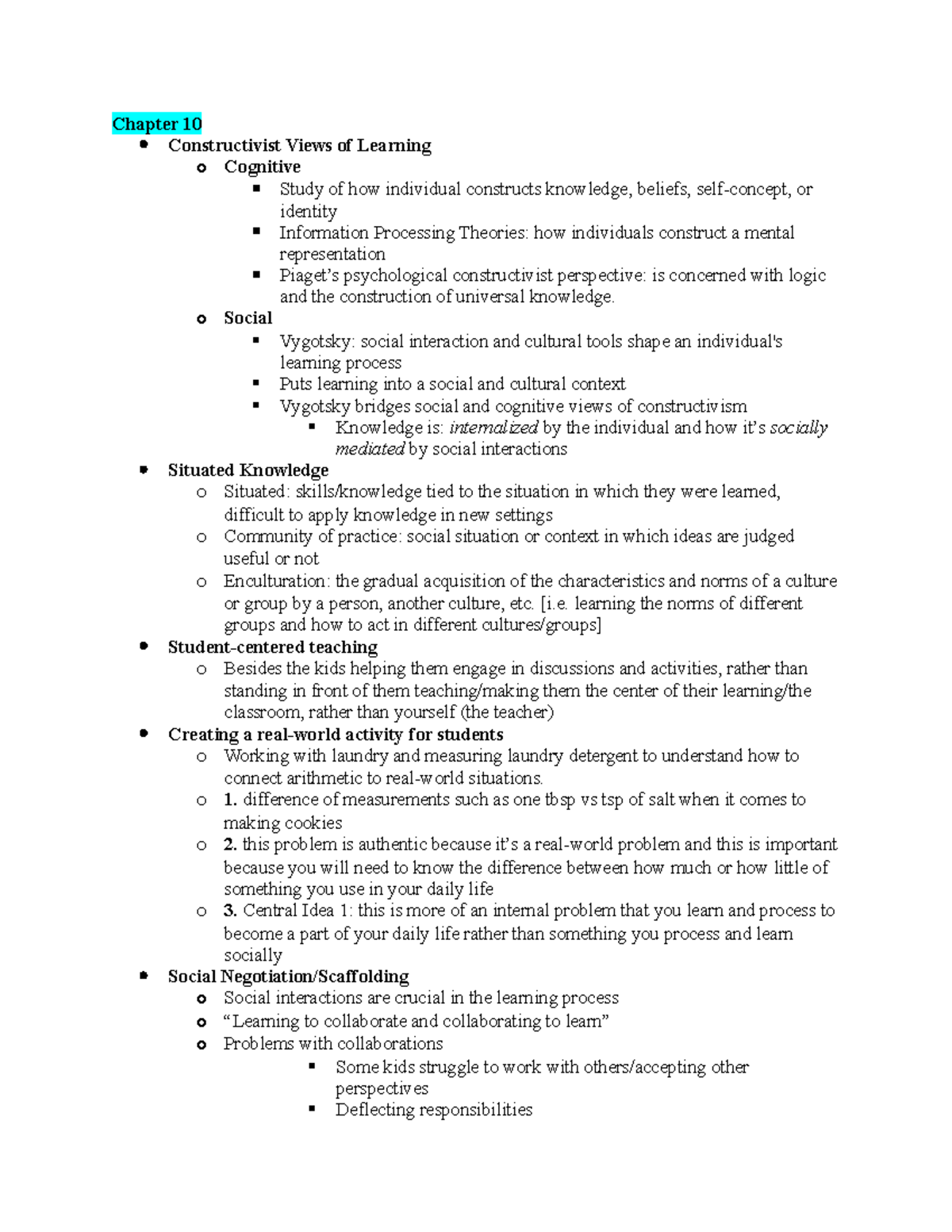 Chapter 10 ed psych - lecture notes - Chapter 10 Constructivist Views ...