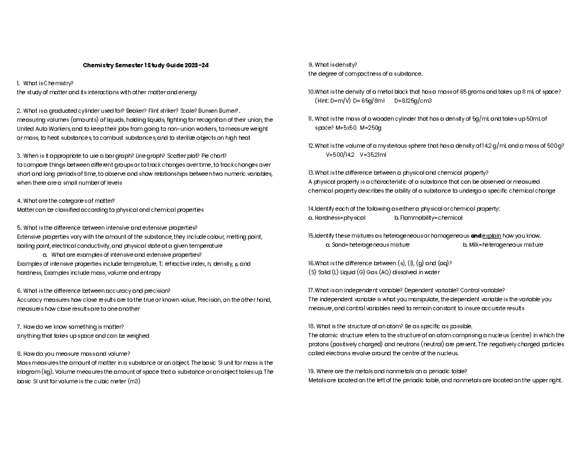Copy of Study Guide Semester 1 - Google Docs - Chemistry Semester 1 ...