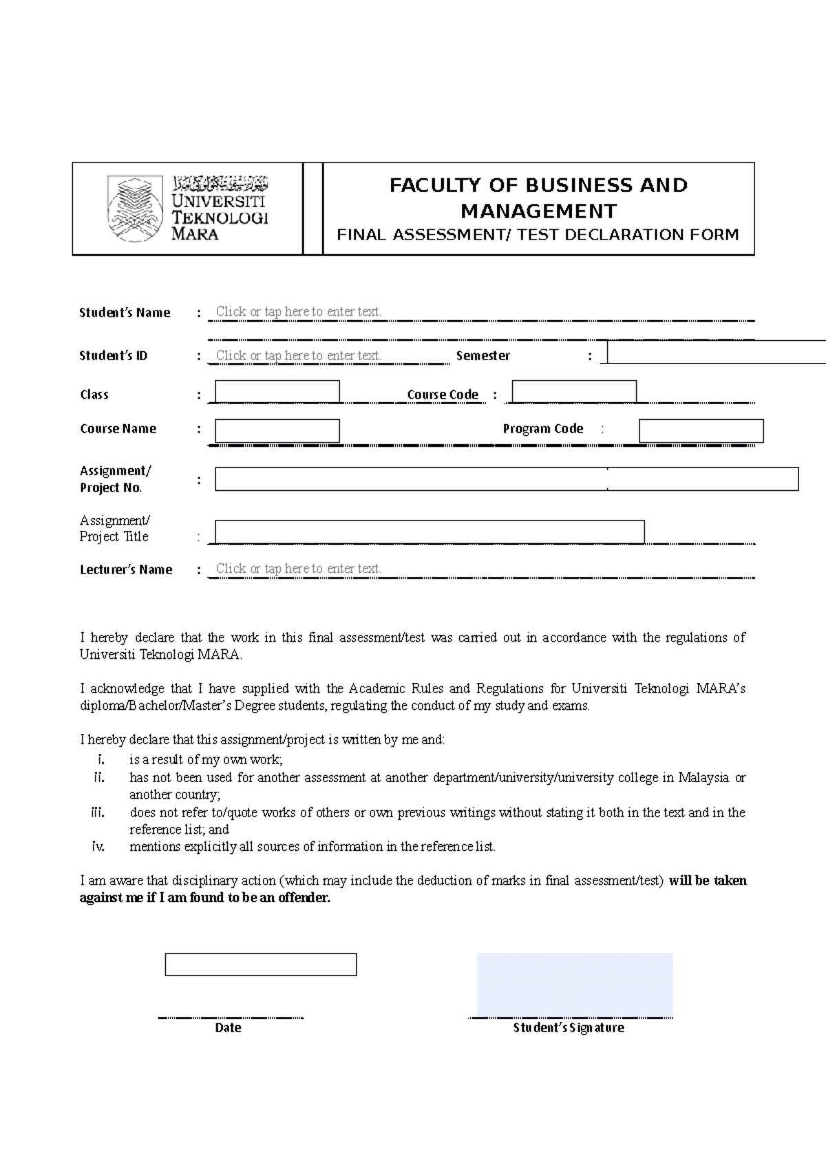 Ui TM Assignments Declaration Cover - FACULTY OF BUSINESS AND ...