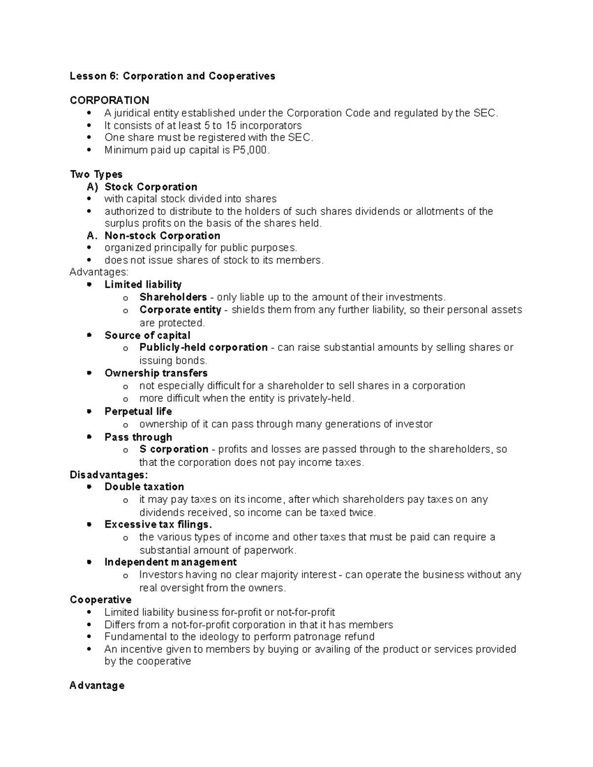 BAM 191 Lesson 6 Reviewer - Lesson 6: Corporation and Cooperatives ...