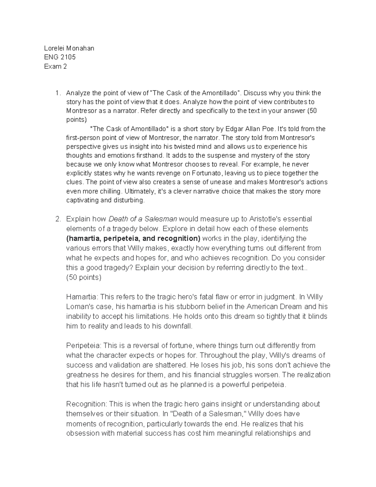 Copy of Intro to Lit Exam 2 - Lorelei Monahan ENG 2105 Exam 2 1 ...