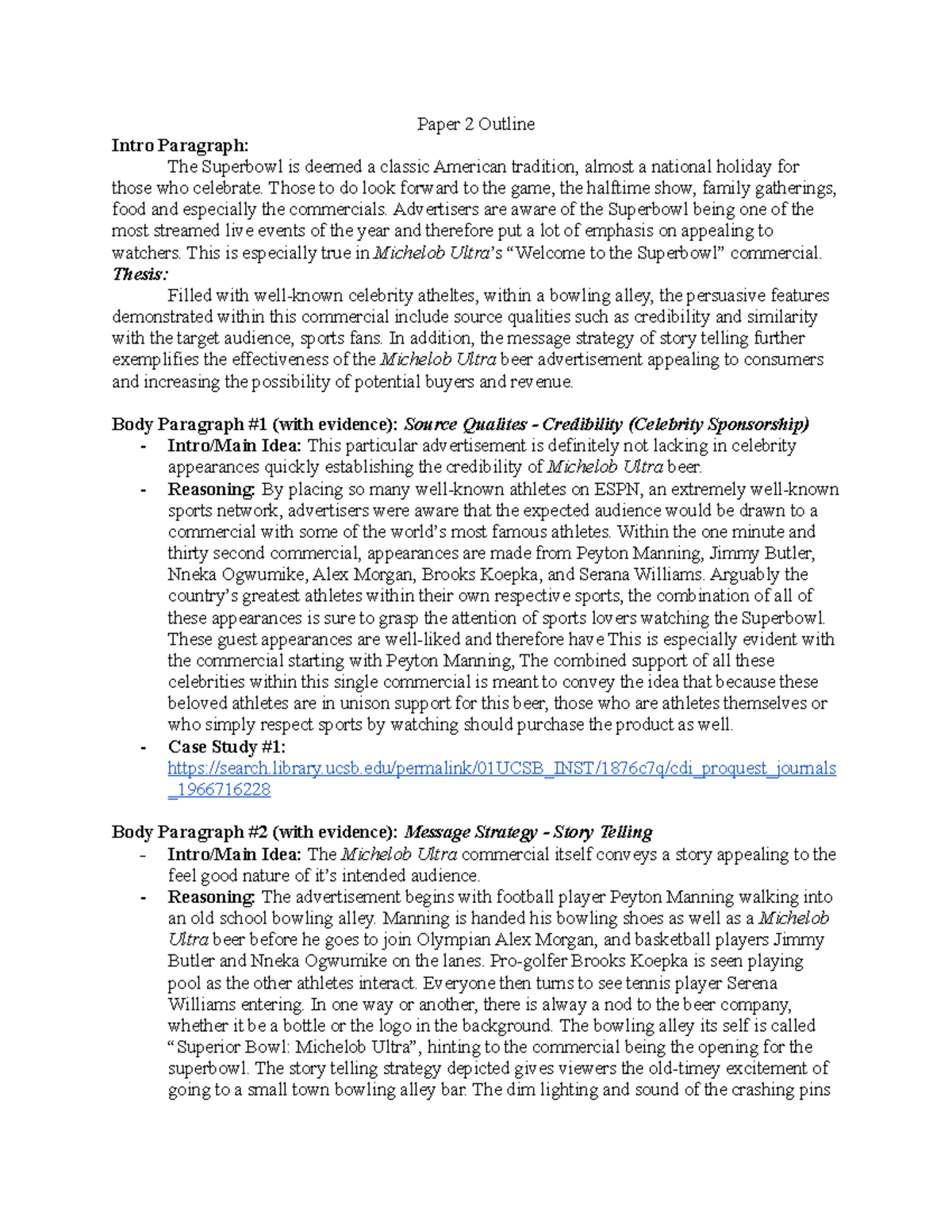 COMM1 Paper 2 Outline - Paper 2 Outline Intro Paragraph: The Superbowl ...