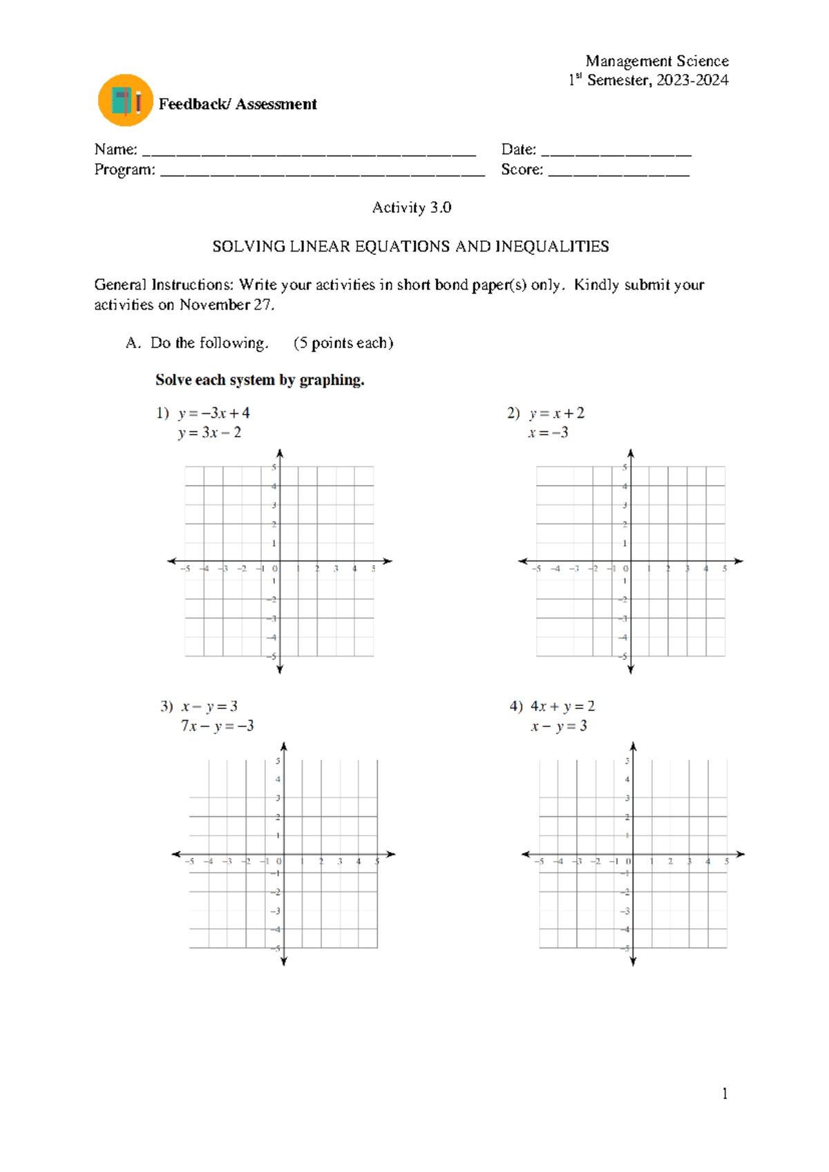 Assignments Unit 3 Linear Equations and Inequalities - Management ...