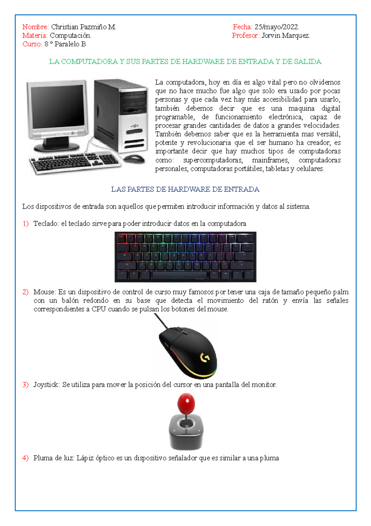Deber de computacion - es importante conocer las partes del hardware de ...