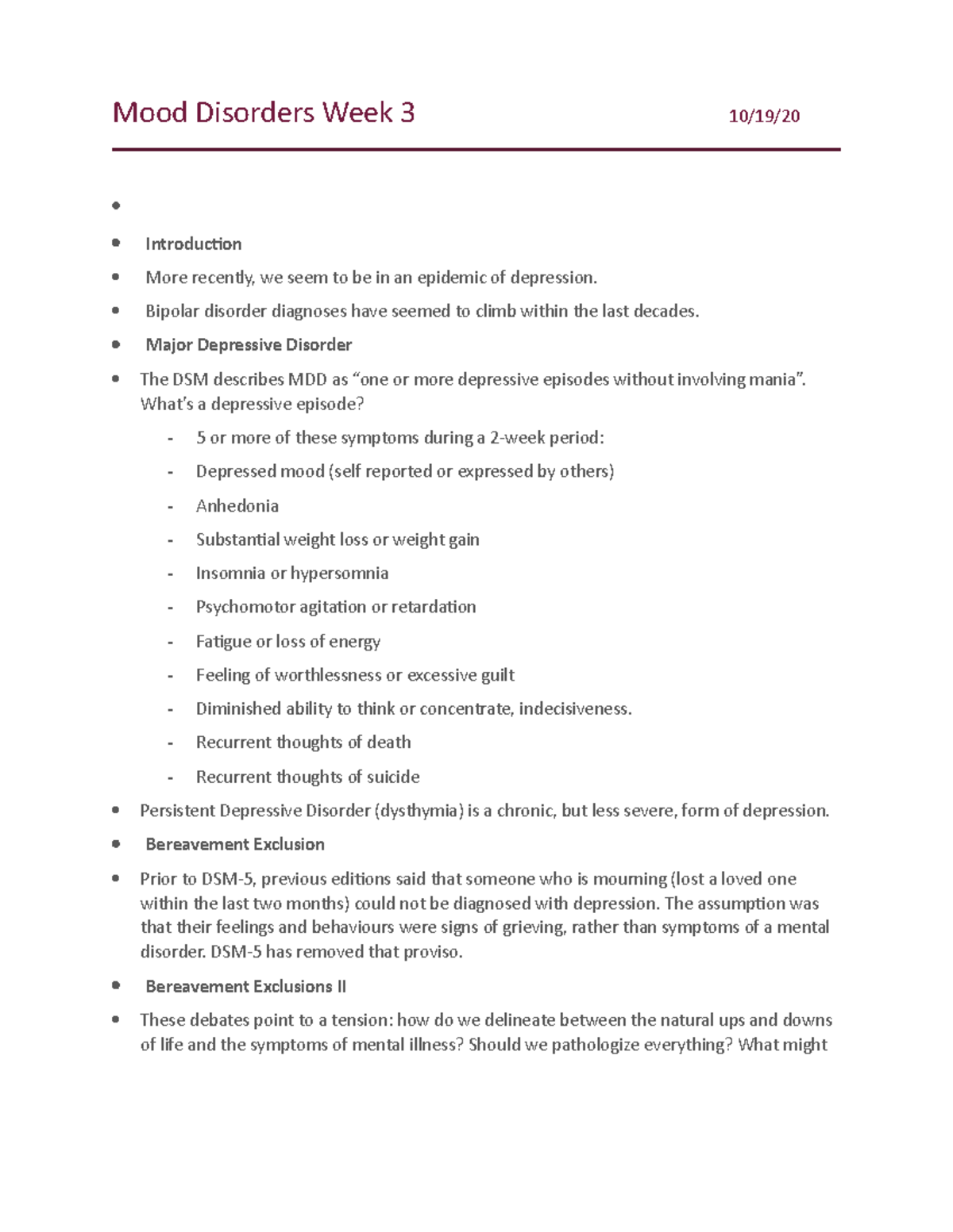 MH&I Mood Disorder Notes - Mood Disorders Week 3 10/19/ Introduction ...