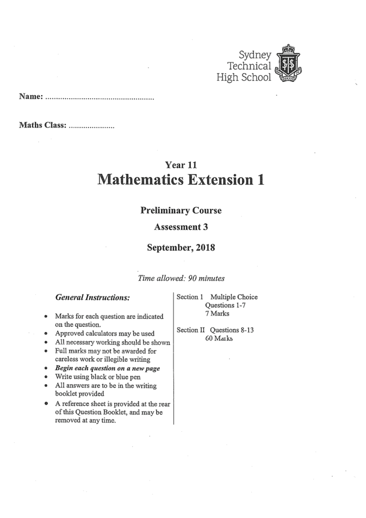 2018 P 3U - Sydney Tech - Prelim Yearly Exam Paper - MARKERS COMMENTS ...