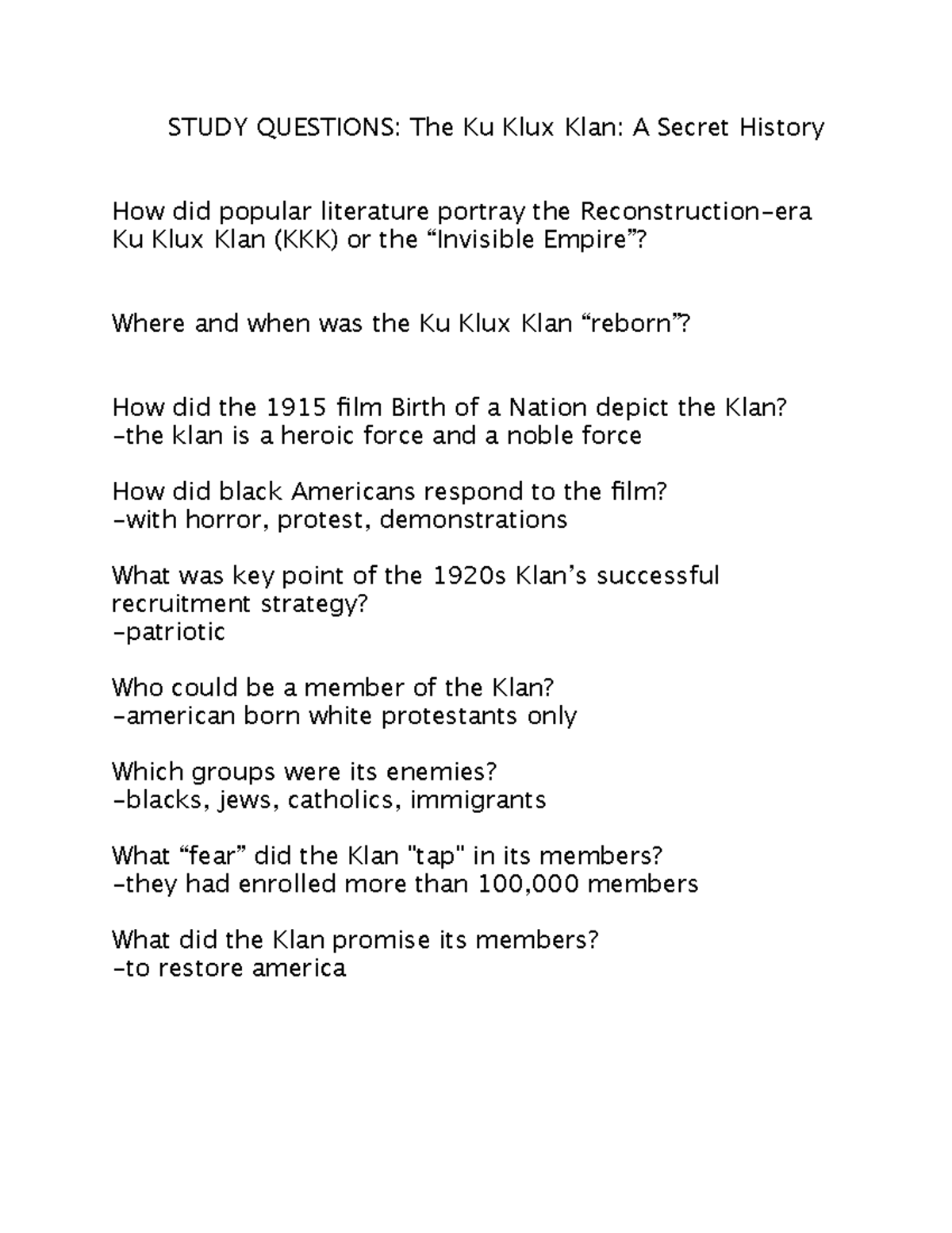 1920s:KKK study questions - STUDY QUESTIONS: The Ku Klux Klan: A Secret ...