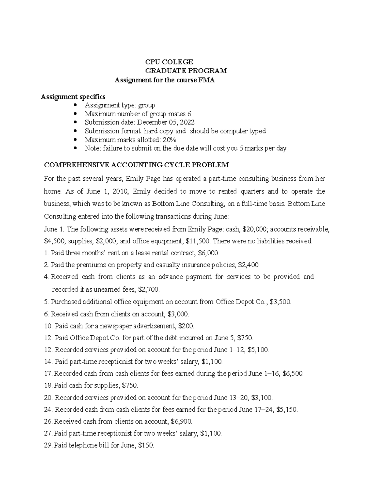 Assignment one (2) - CPU COLEGE GRADUATE PROGRAM Assignment for the course FMA Assignment ...