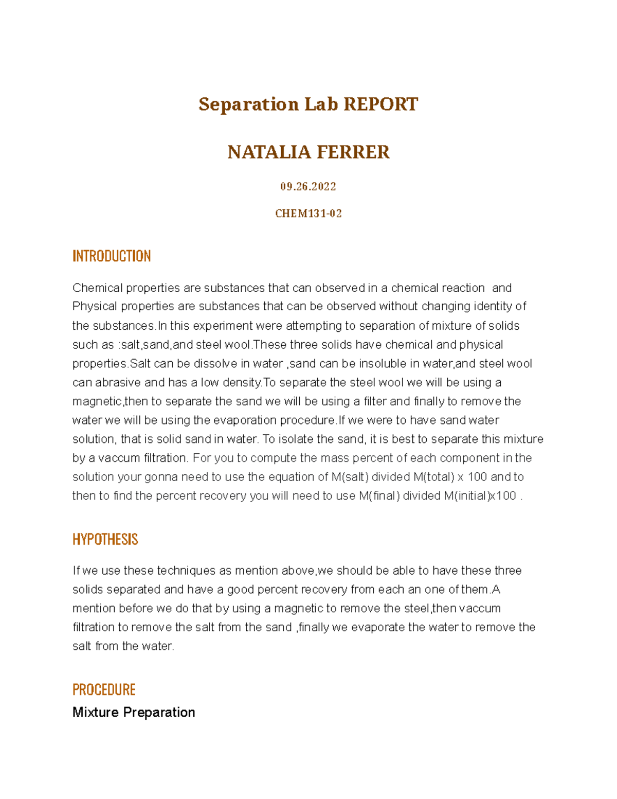 Ferrer Natalia CHEM131 02 separation - Separation Lab REPORT NATALIA ...