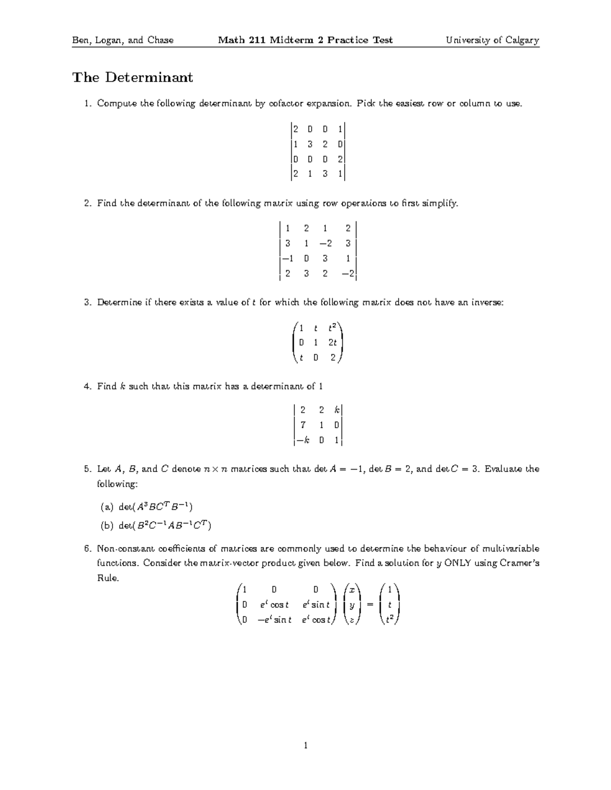 PASS Math 211 Practice Midterm 2 - The Determinant Compute the ...