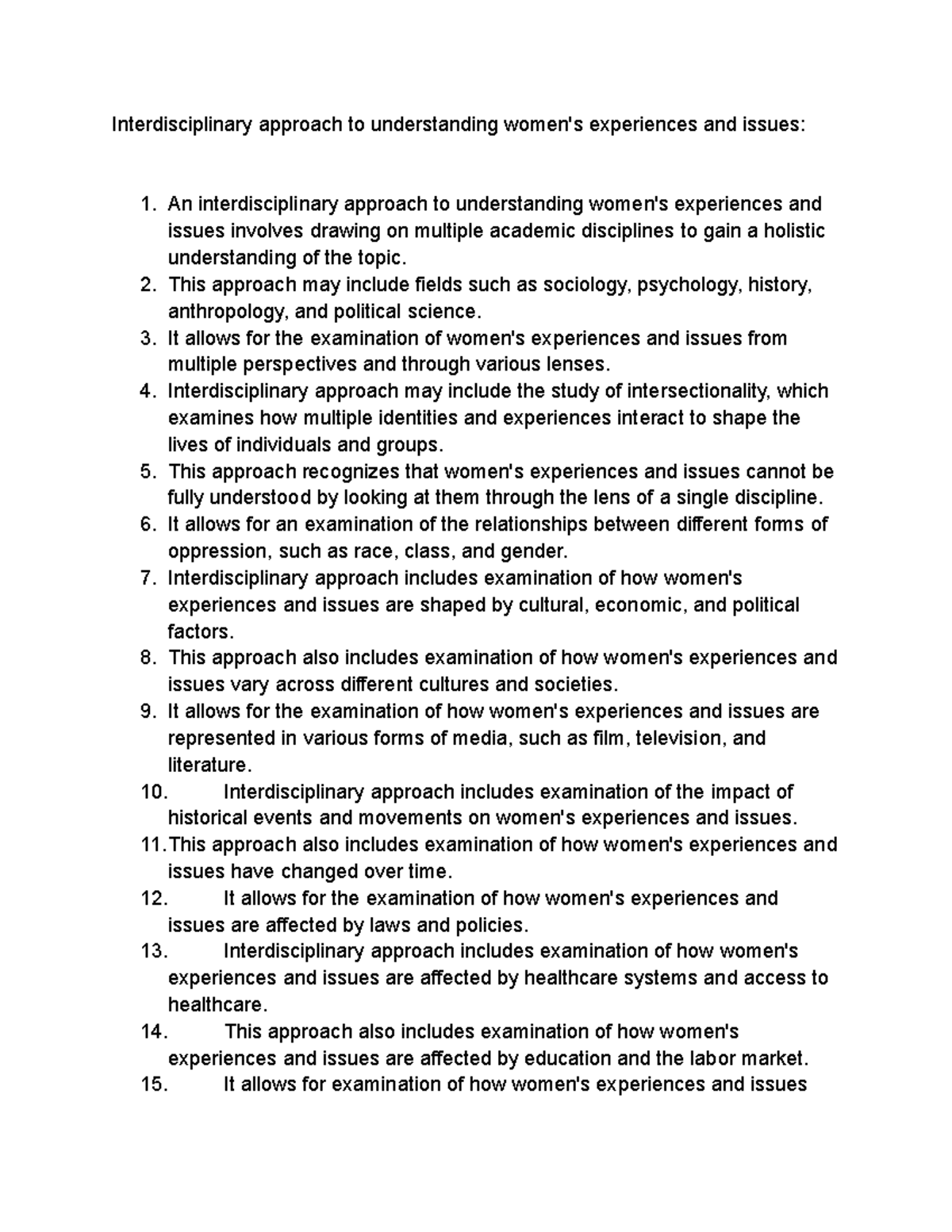 Interdisciplinary approach to understanding women's experiences and ...